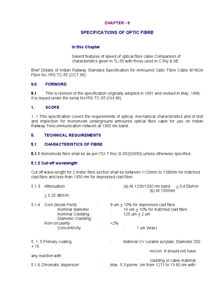 Specifications of Optic Fibre: in This Chapter | PDF | Optical Fiber ...