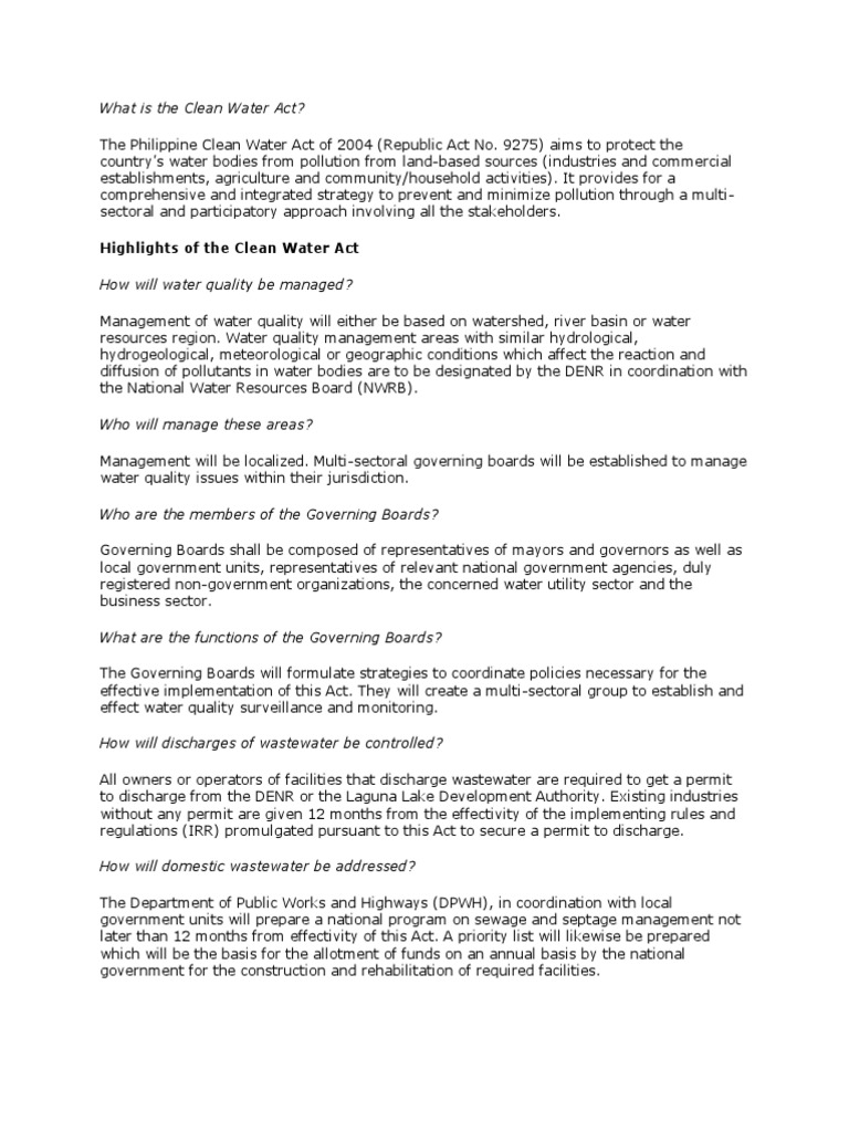 Overview of the Philippine Clean Water Act | PDF | Water Resources ...