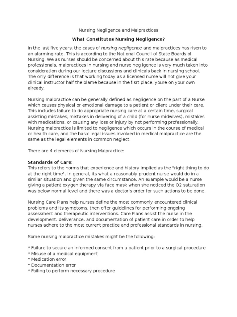 Nursing Negligence and Nurse Malpractices | PDF | Standard Of Care ...