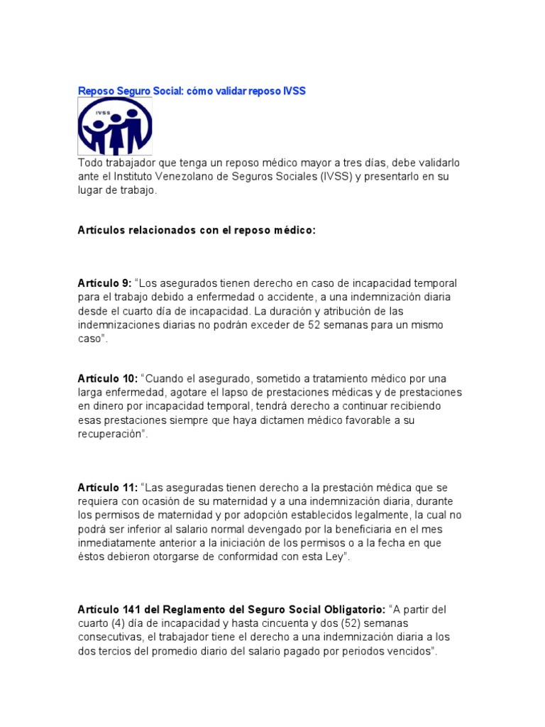 Como Validar El Reposo Medico Del Ivss | PDF | Seguro | Salario