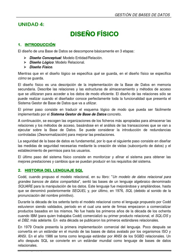 BD-UT 4 - Diseno Fisico | Descargar gratis PDF | SQL | Bases de datos