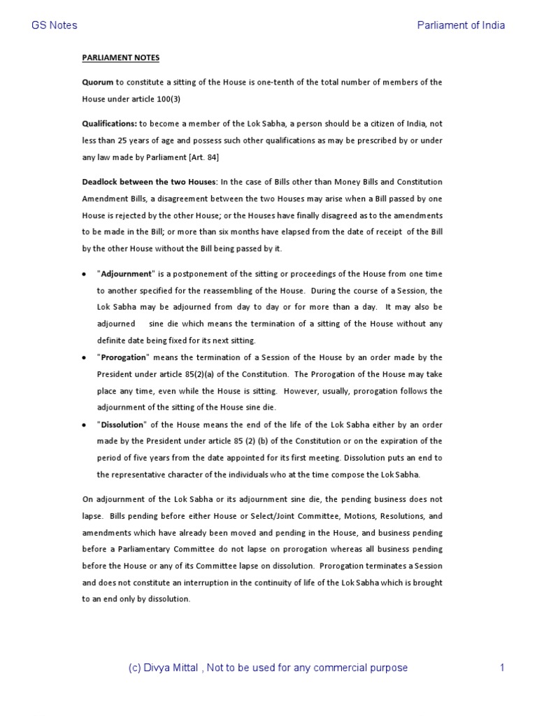Parliament Notes | PDF | Committee | Member Of Parliament