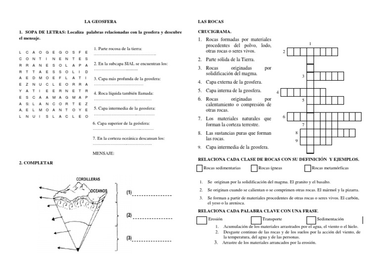 Sopa y crucigrama: Capas de la Tierra | PDF | Ciencia y matemáticas