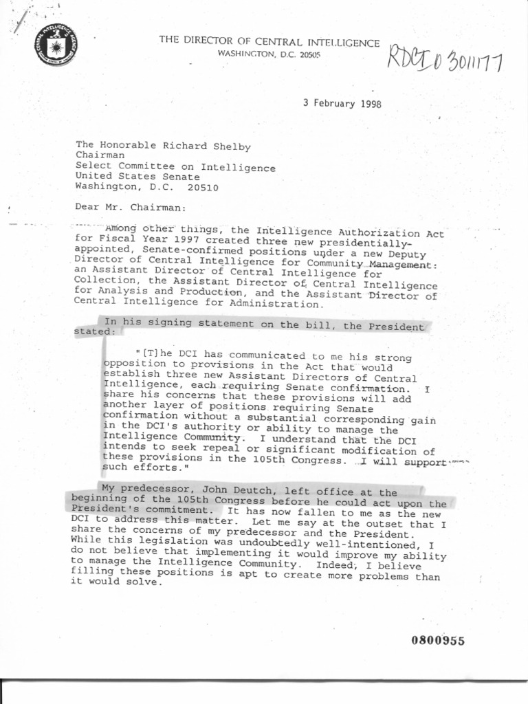 T2 B14 Tenet Letter To Shelby Re ADCI FDR - Entire Contents - 2-3-98 ...