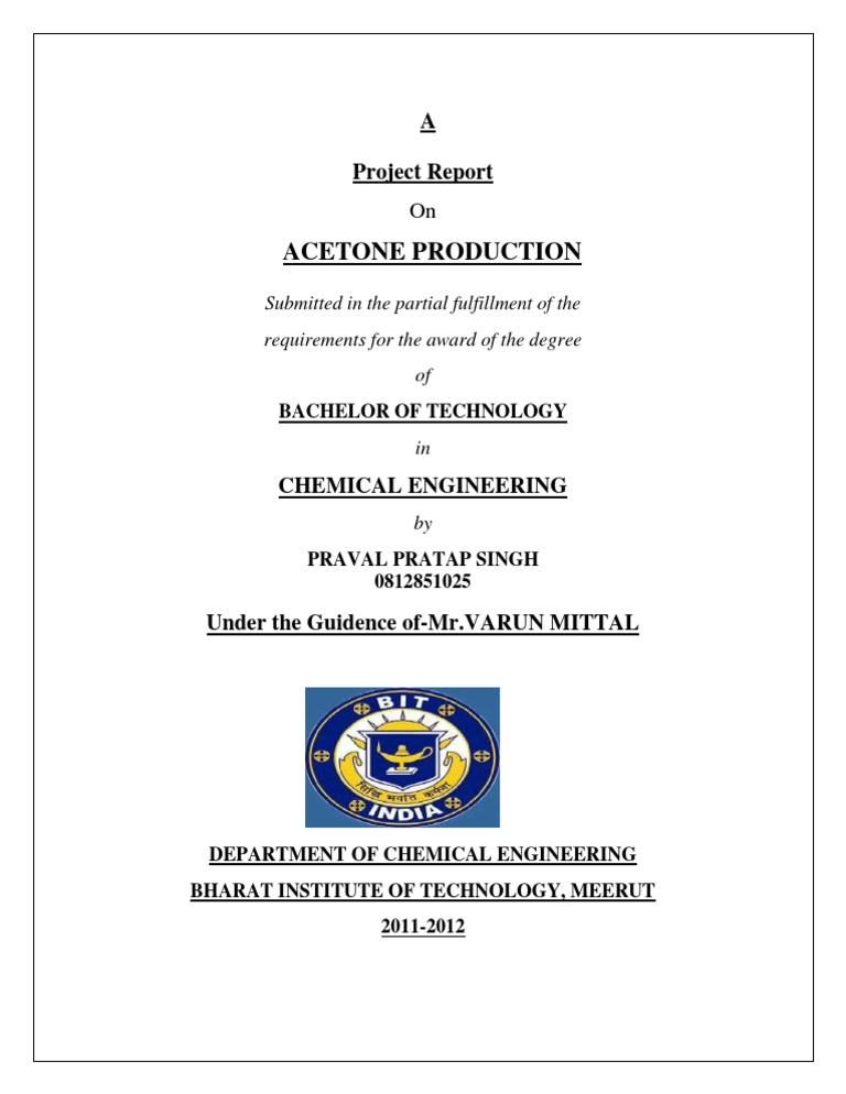 Acetone Production: A Project Report | PDF | Science & Mathematics