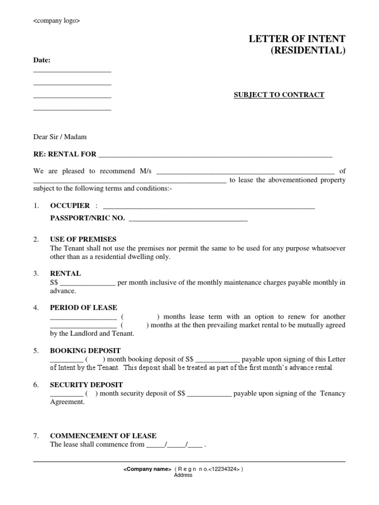 LOI Residential - Letter of Intent | Lease | Leasehold Estate