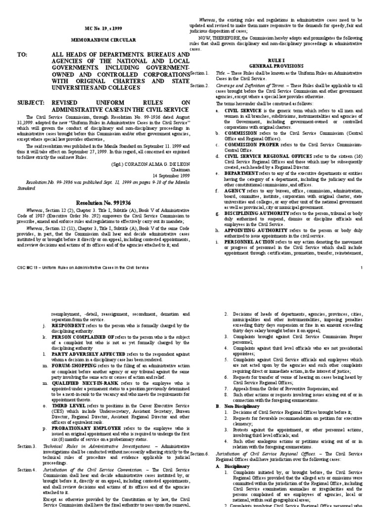Revised Rules on Civil Service Cases | PDF | Complaint | Civil Service