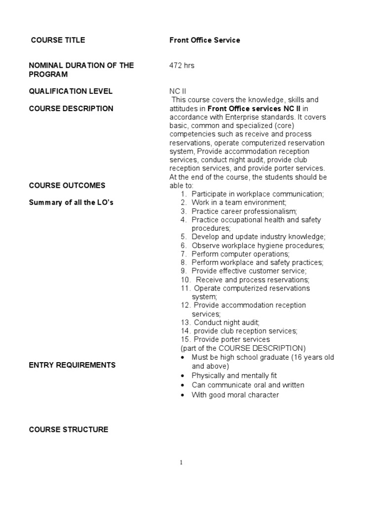 Front Office Services NC II Overview | PDF | Hygiene | Occupational ...