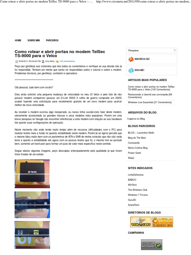 Como Rotear e Abrir Portas No Modem TelSec TS-9000 para o Velox - Blog Do Ciro Mota | PDF ...