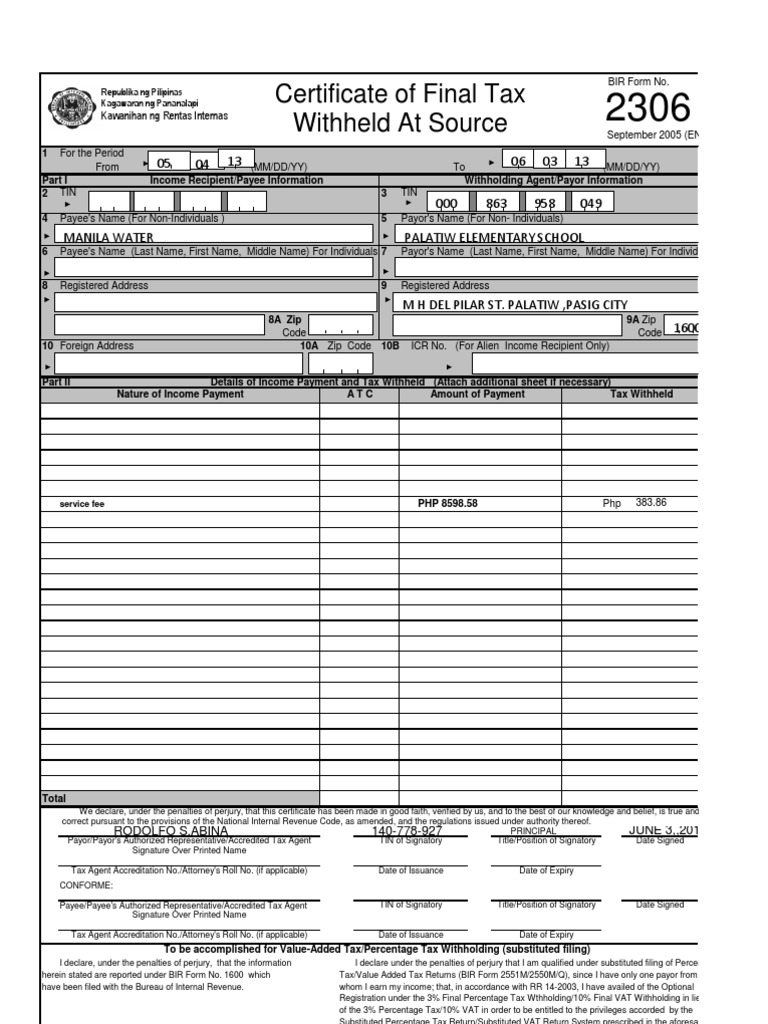 2306 Manila Water | PDF | Withholding Tax | Value Added Tax
