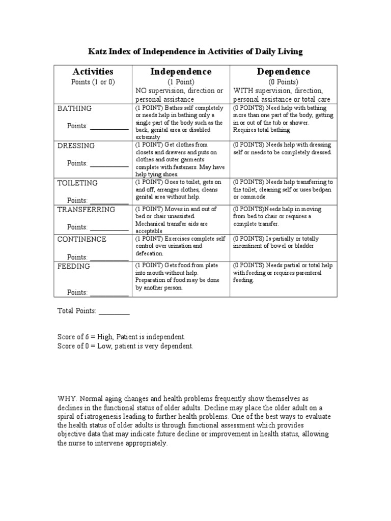 Katz Index for Daily Living Assessment | PDF