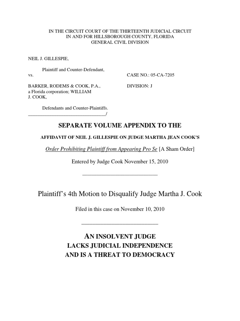 Plaintiff’s 4th Motion to Disqualify Judge Martha J. Cook | Lawsuit ...