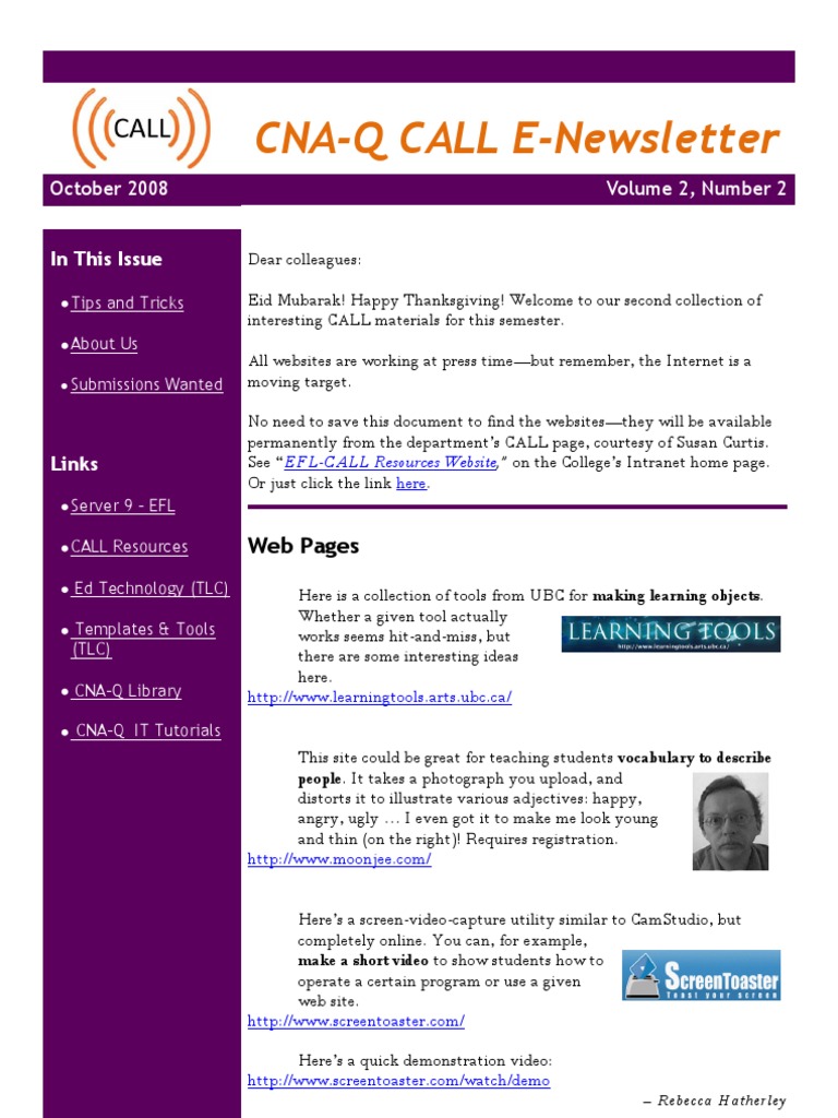 CALL Newsletter Volume 2 Number 2 October 2008 | PDF | Websites | World ...