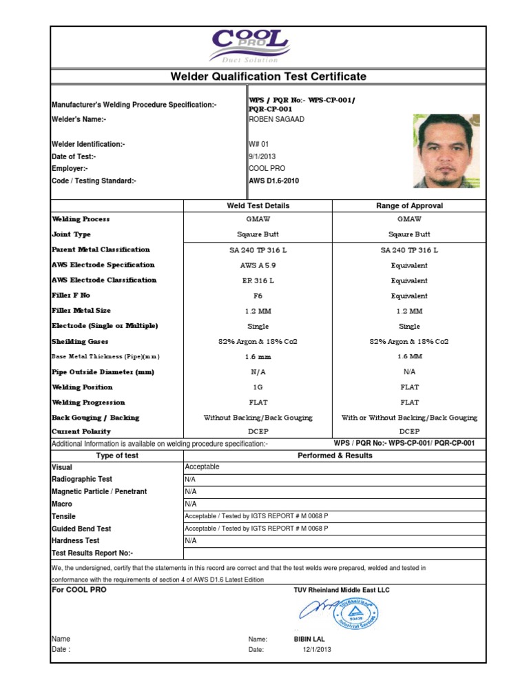 Welder Qualification Test Certificate: Weld Test Details Range of ...
