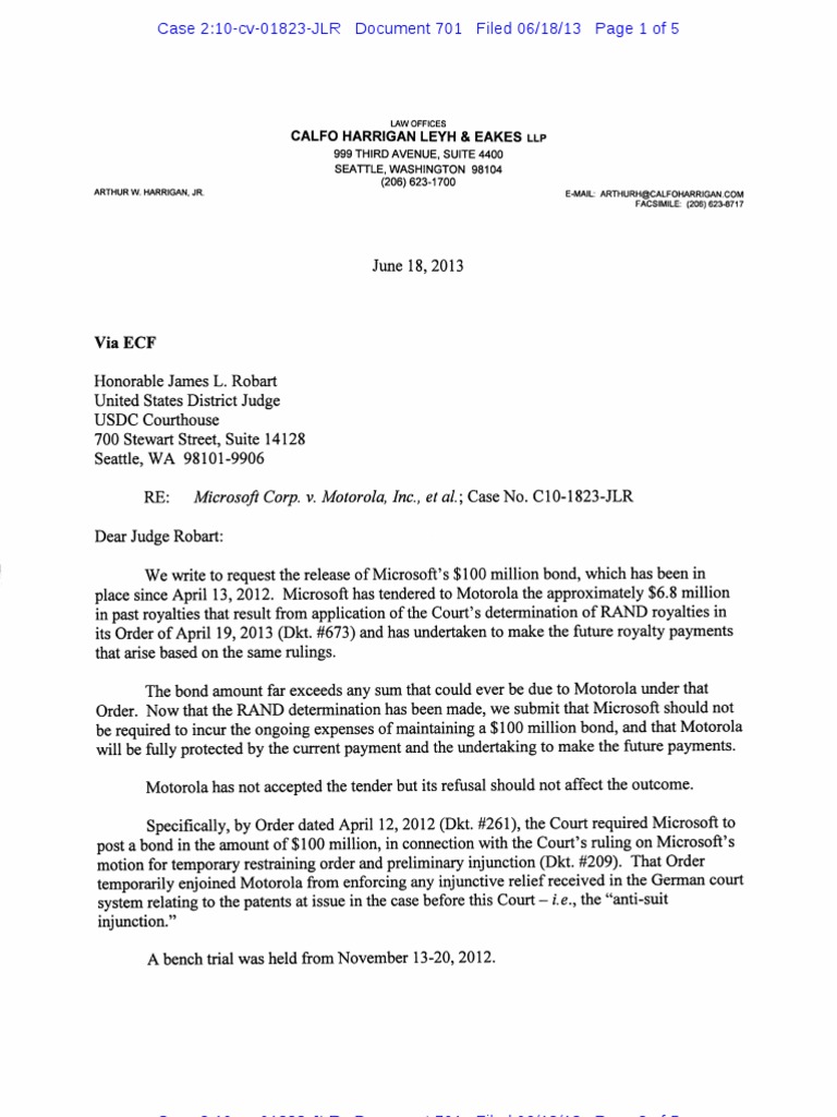 13-06-18 Microsoft Letter Re. Release of $100 Million Bond | PDF