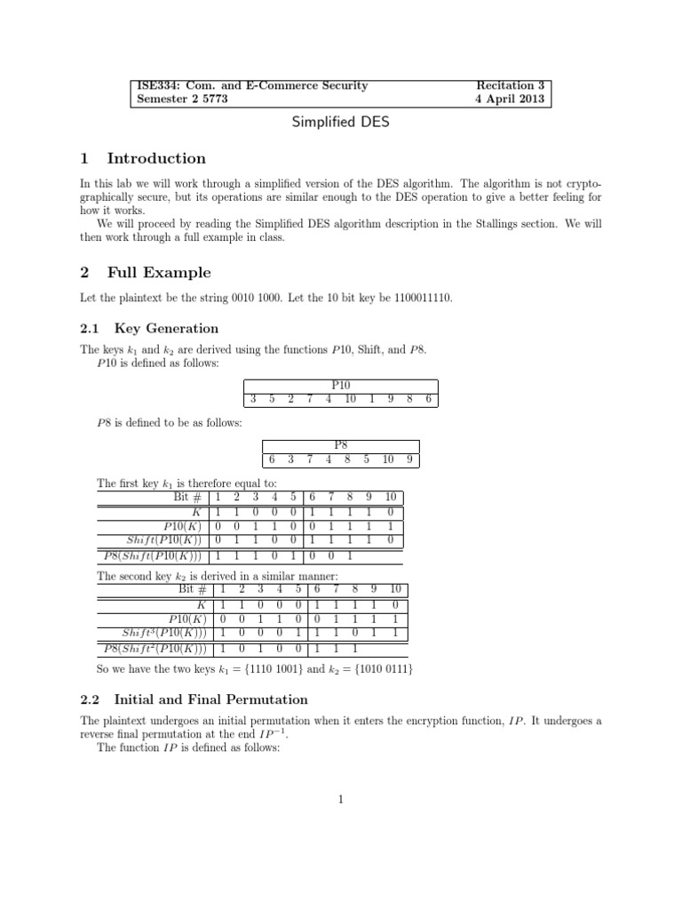 Simplified DES 1: 2.1 Key Generation | PDF | Key (Cryptography ...