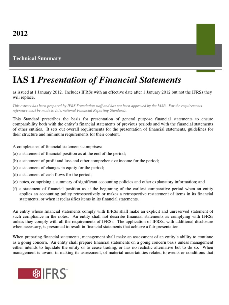 IAS 1 Presentation of Financial Statements: Technical Summary | PDF