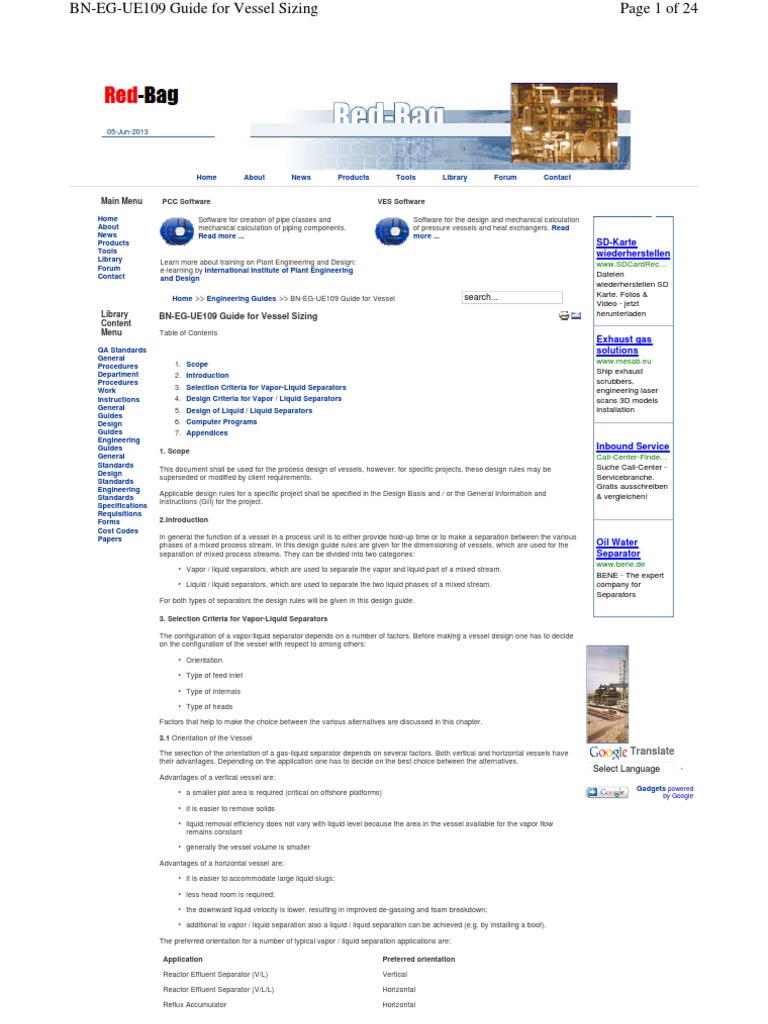 Guide For Vessel Sizing PDF | PDF | Drop (Liquid) | Nozzle