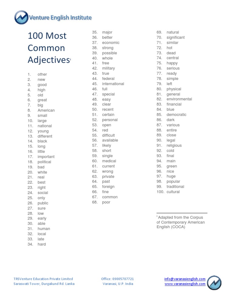 100 Most Common Adjectives | PDF