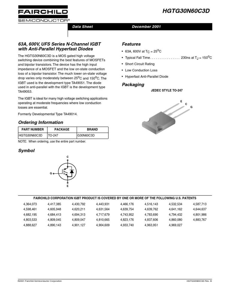 HGTG30N60C3D: 63A, 600V, UFS Series N-Channel IGBT With Anti-Parallel ...