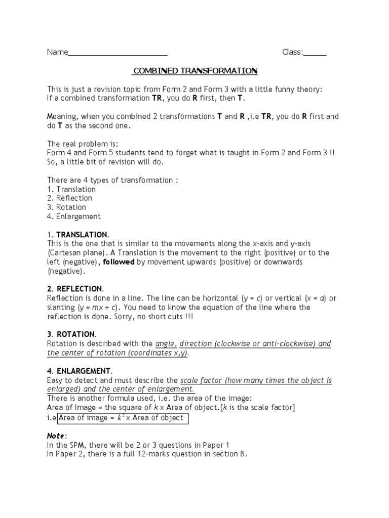 Combined Transformations Revision Guide | PDF | Cartesian Coordinate ...