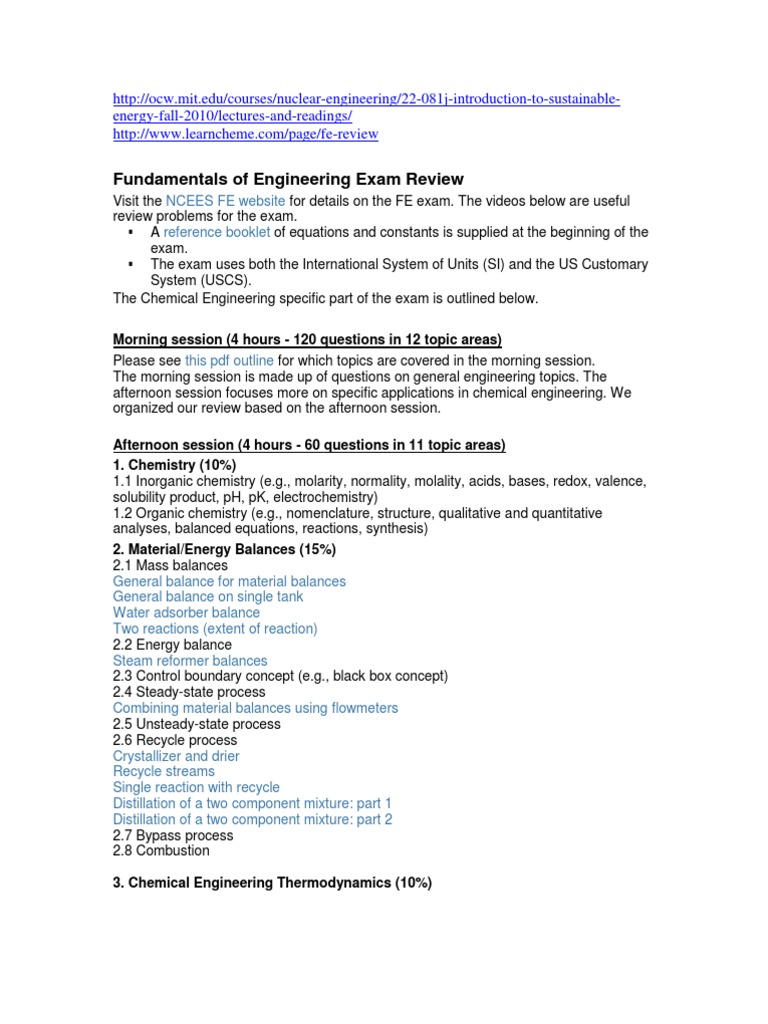 FE Exam Review for Chemical Engineering | PDF | Fluid Dynamics ...