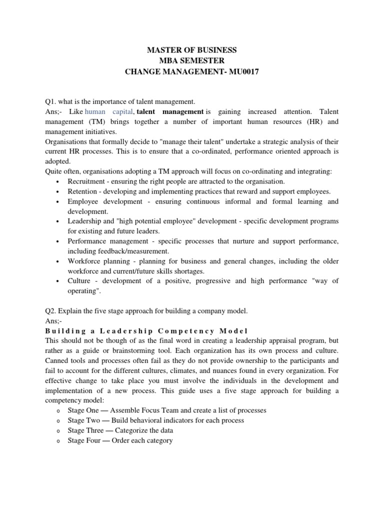 Master of Business Mba Semester Change Management-Mu0017: Human Capital ...