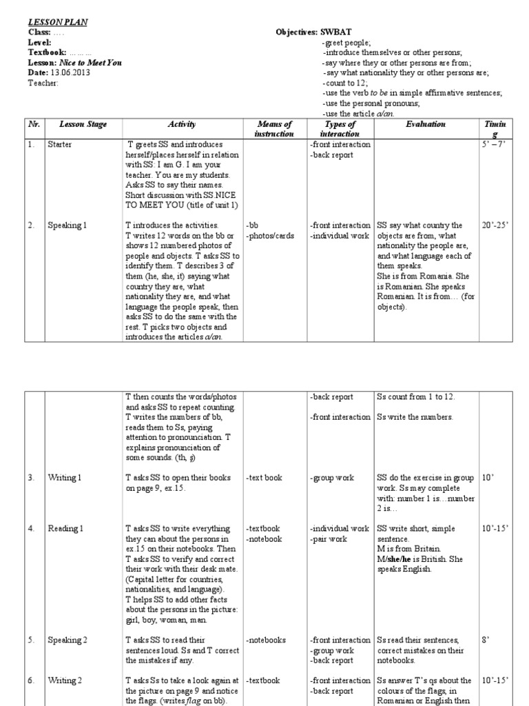 Lesson Plan-Nice To Meet You 13.06.13 | PDF | Lesson Plan | Cognitive ...