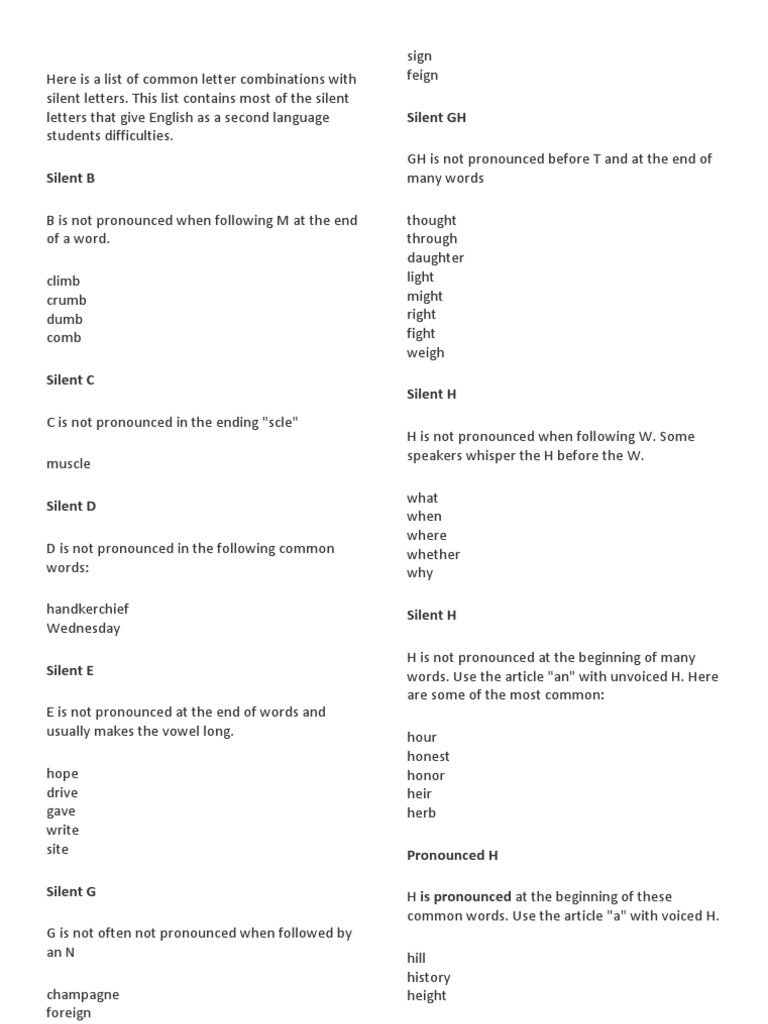 Here Is A List of Common Letter Combinations With Silent Letters | PDF ...