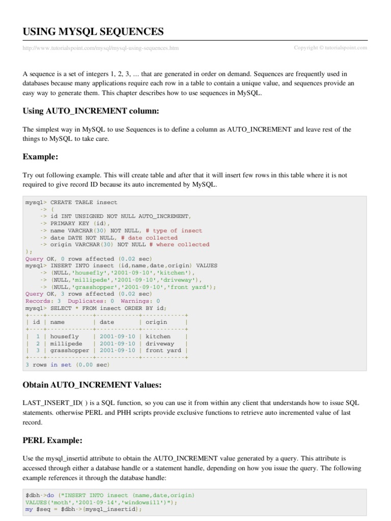 Mysql Using Sequences Pdf Table Database Sql