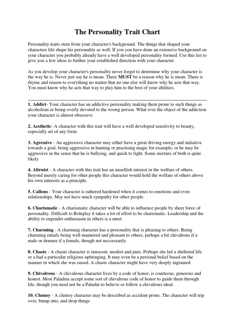 Character Trait Chart for Development | PDF | Chivalry | Psychological ...