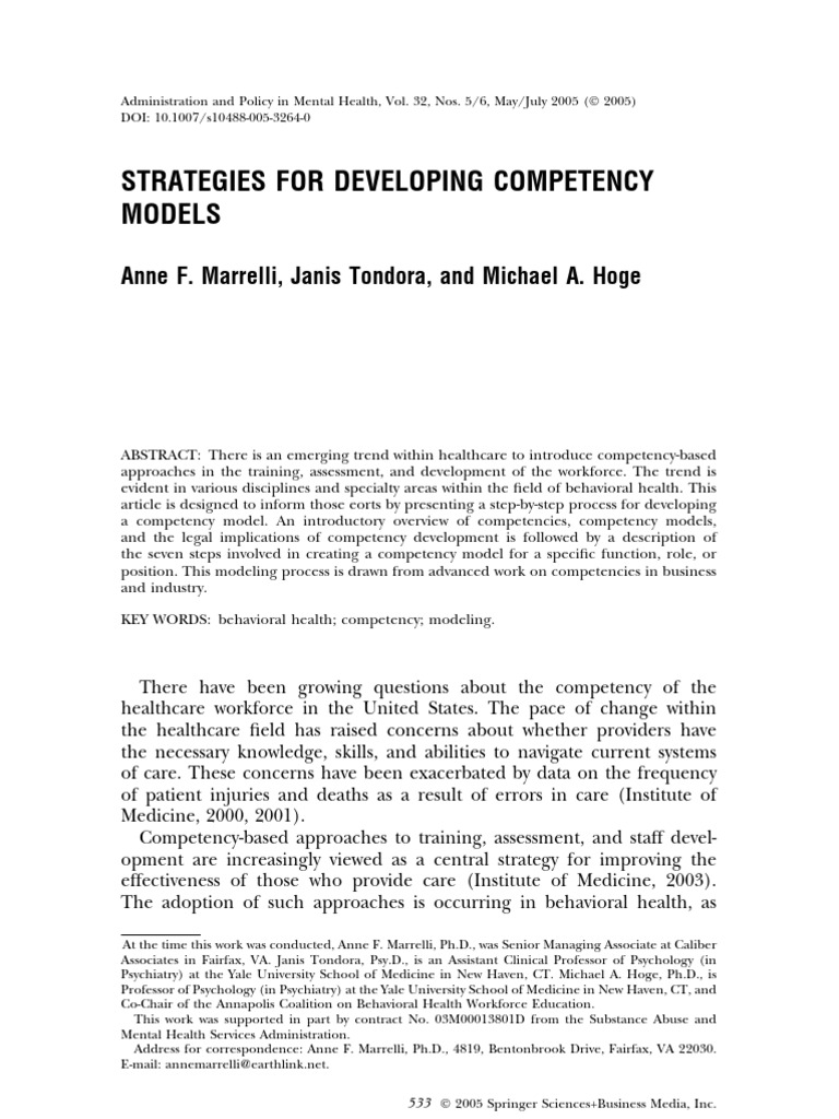 Strategies For Developing Competency Models: Anne F. Marrelli, Janis Tondora, and Michael A ...