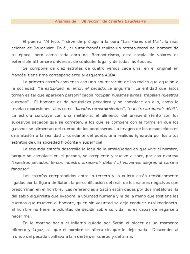 Analisis de Al Lector | PDF | Charles Baudelaire | Pecado