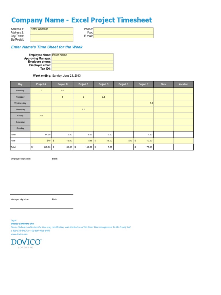 Project Management Template - Excel Project Timesheet