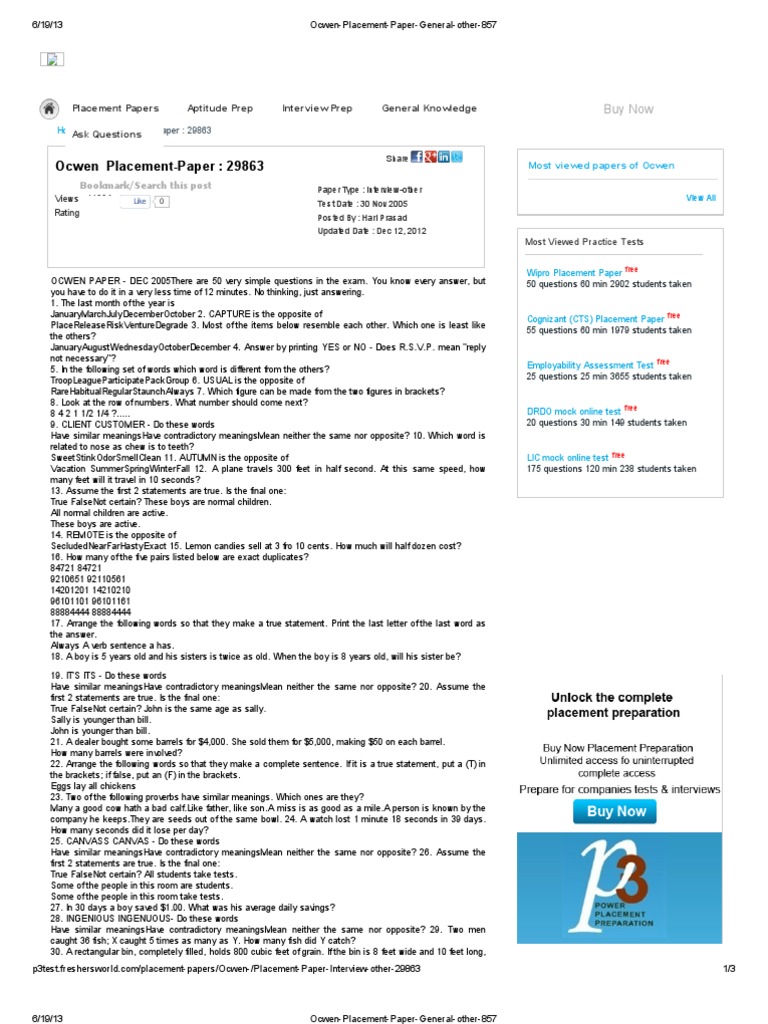 Ocwen Placement Paper General Other 857 | PDF | Master Of Business ...