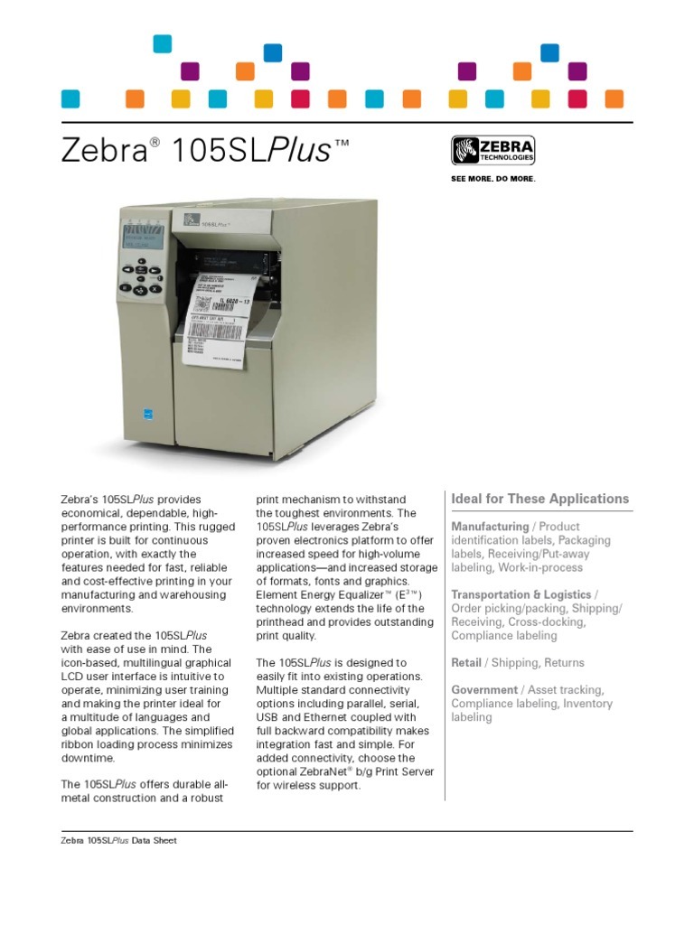 Zebra 105SL Plus Product Brochure | Printer (Computing) | Usb