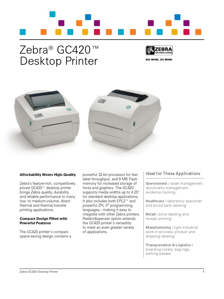Zebra GC420 Direct Thermal Printer Datasheet | PDF | Printer (Computing) | Barcode