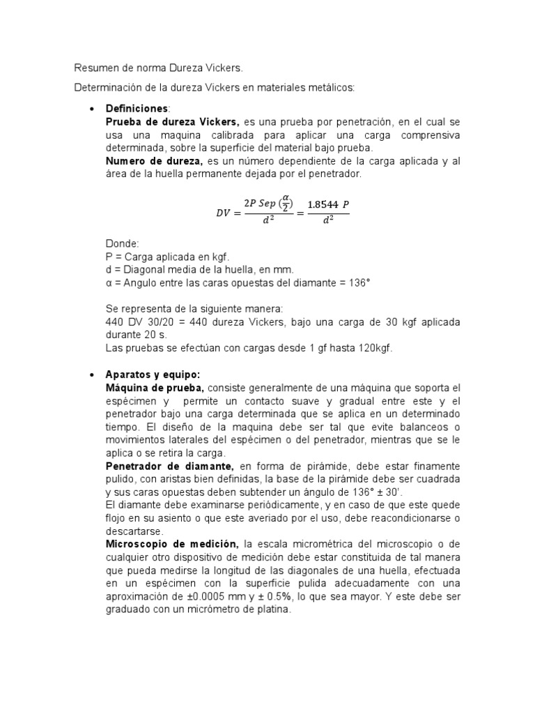 Resumen de Norma Dureza Vickers | PDF | Dureza | Science