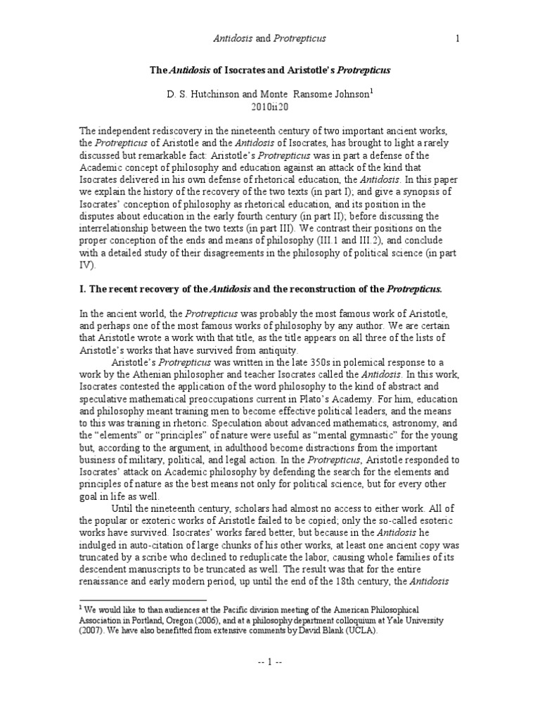 The Antidosis of Isocrates and Aristotle's Protrepticus | PDF | Social ...