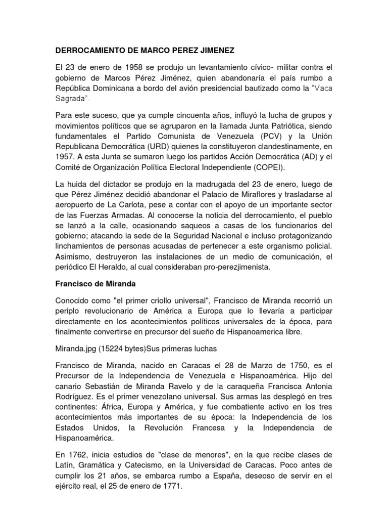Derrocamiento de Marco Perez Jimenez | PDF | Política (general) | Gobierno