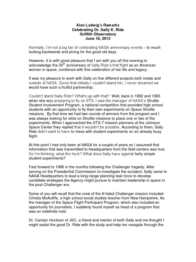 Alan Ladwig's Remarks Celebrating Dr. Sally K. Ride Griffith ...