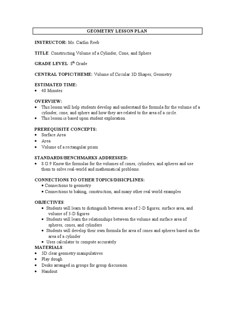 Volume Lesson Plan | PDF | Volume | Sphere