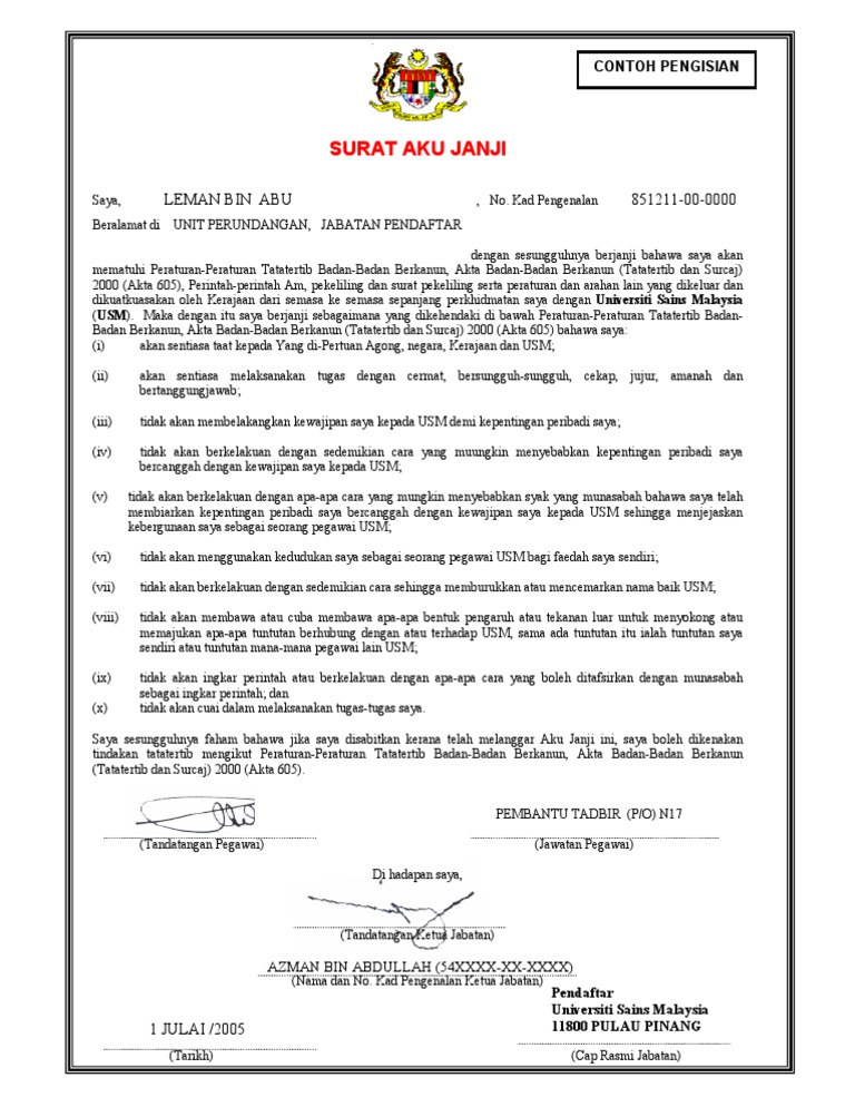 Contoh Pengisian Surat Aku Janji | PDF
