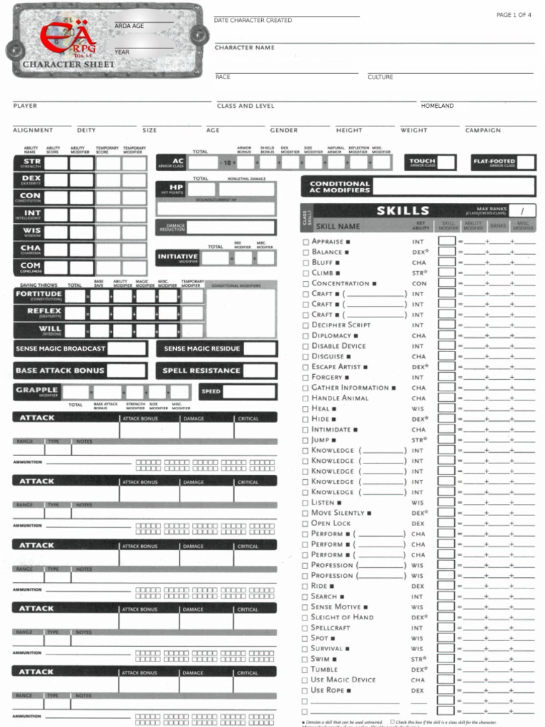 Ea D20 RPG D D 3.5 Deluxe Character Sheet All 4 Pages 20110801b | PDF ...