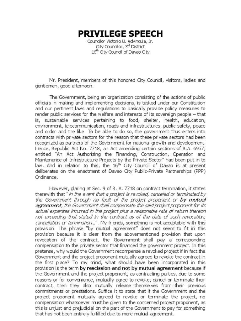 Privilege Speech 1 | PDF | Public–Private Partnership | Private Law