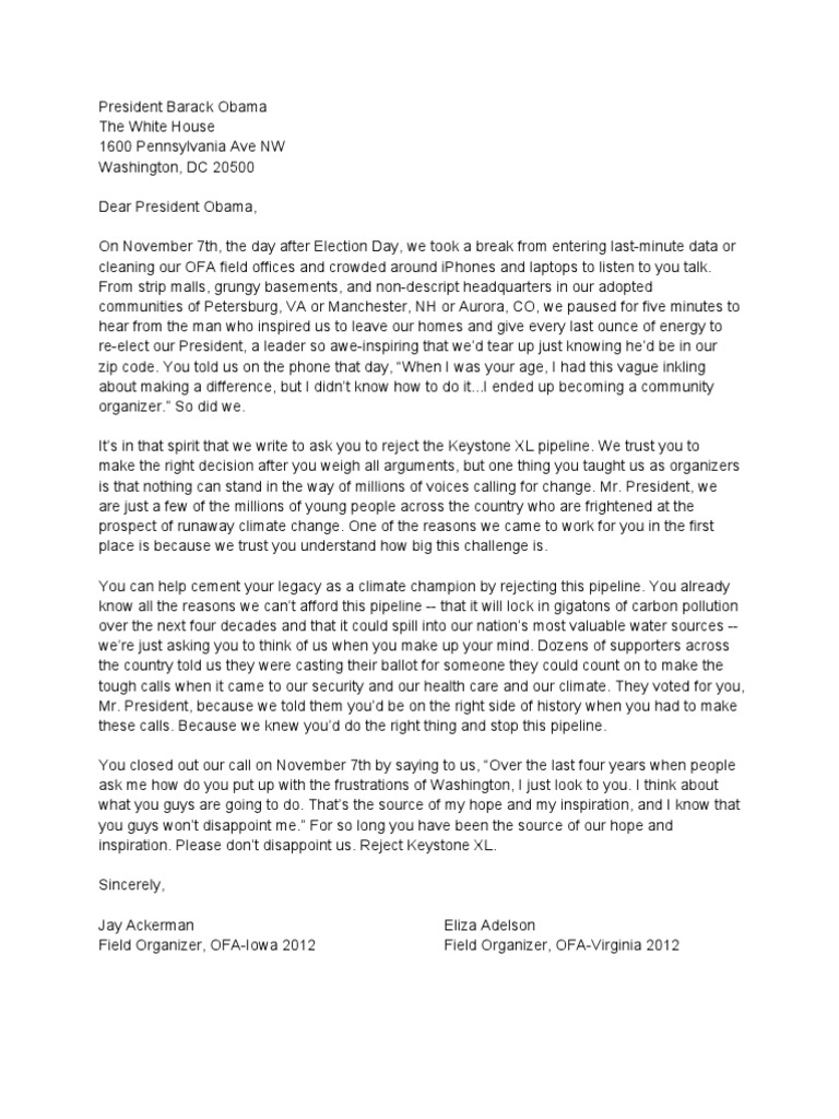 OFA Staff Letter To President Obama On Keystone XL | PDF | Nature