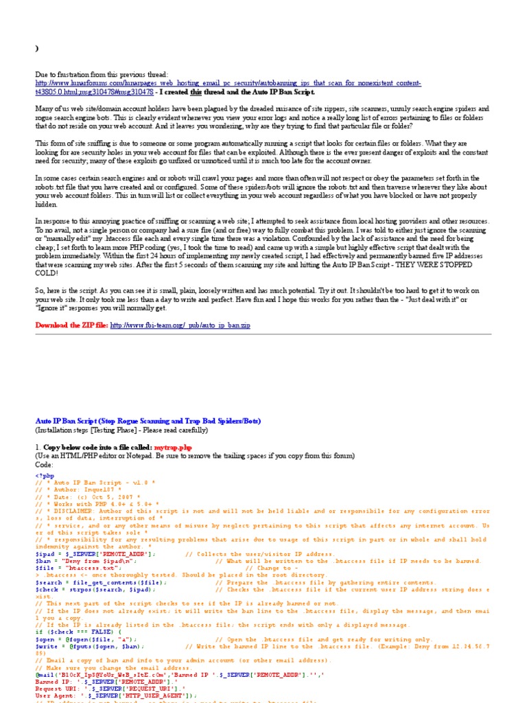 Auto IP Ban Script - Stop Roque Scanning and Trap Bad Spiders & Bots | PDF | World Wide Web ...