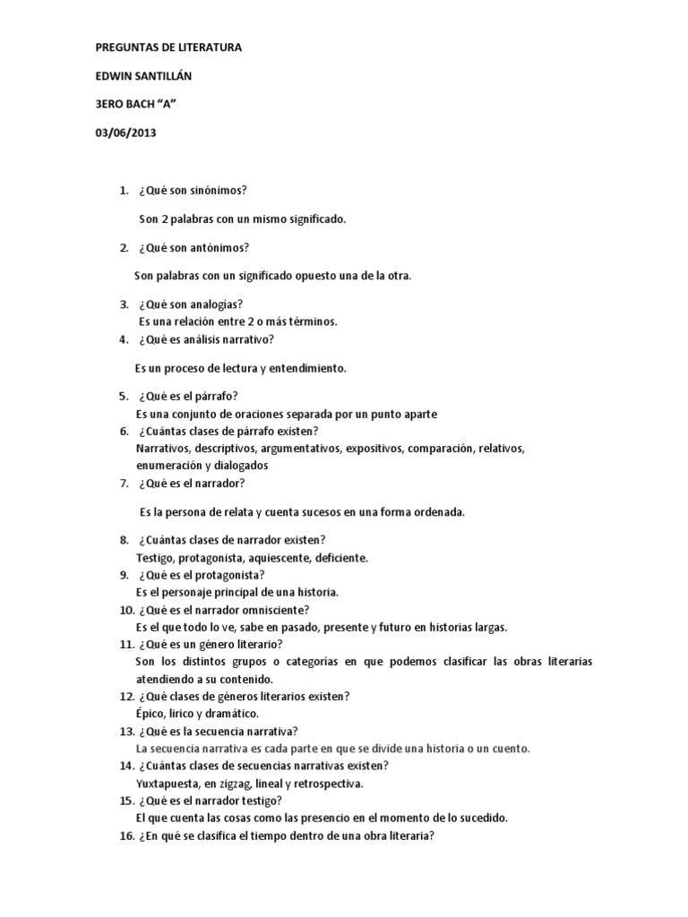Preguntas de Literatura | PDF | Narración | Objeto (gramática)