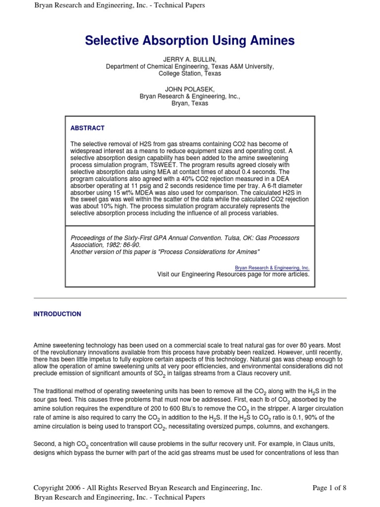 Selective Absorption Using Amines | PDF