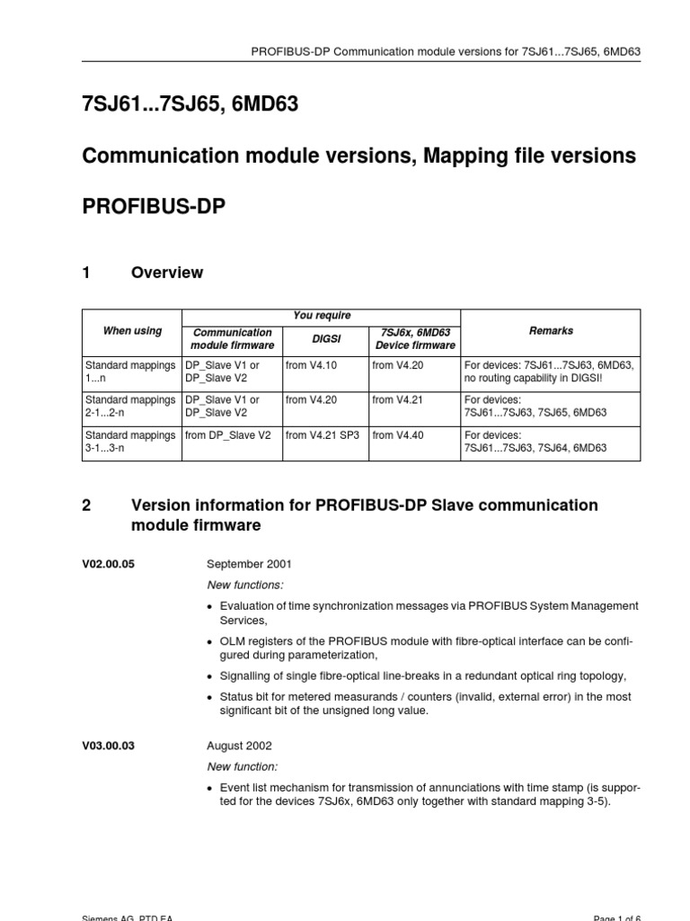 Versions ProfibusDP 7SJ6x 6MD63 0306 en PDF | PDF | Communications Protocols | Computer Networking